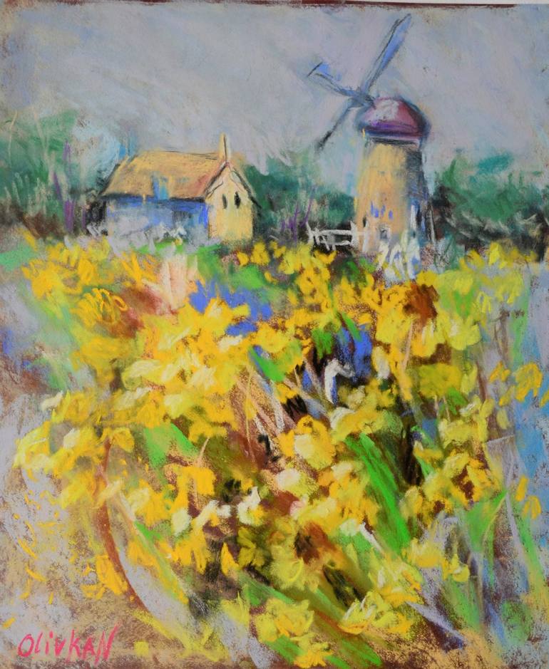 Windmill Yellow Field Painting Painting by Olivia Kandra | Saatchi Art