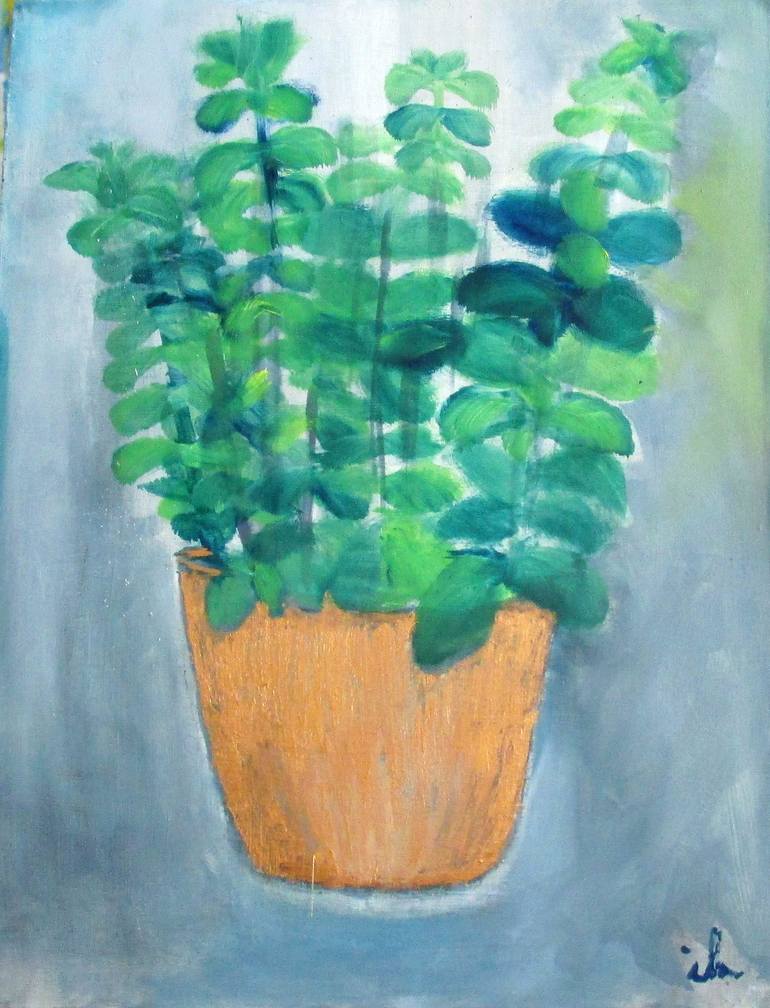 Basil in Golden Flowerpot Painting by Ingrid Knaus | Saatchi Art