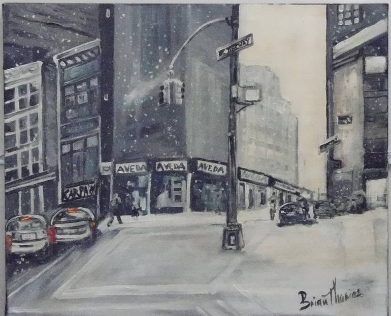 Snow down town Painting by Brian Thomas | Saatchi Art
