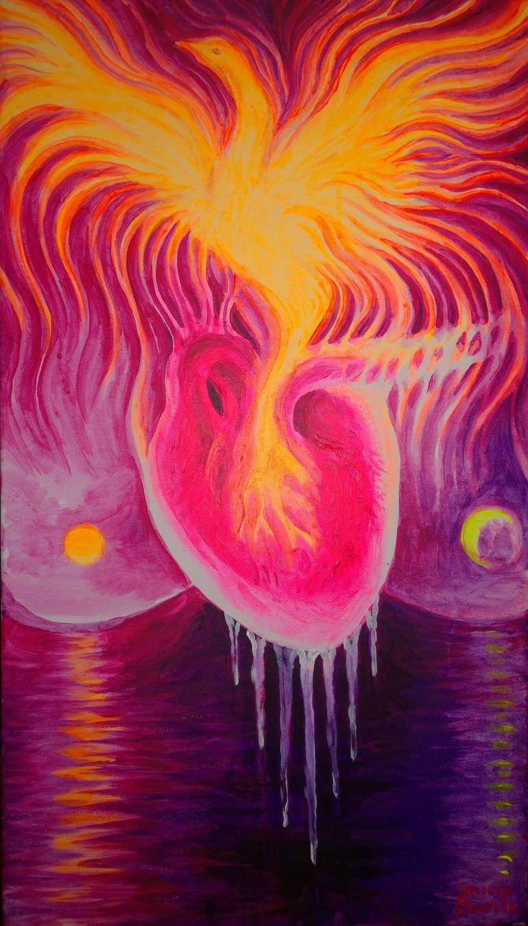 The rebirth of a Phoenix bird from a frozen broken heart fluoreacent ...