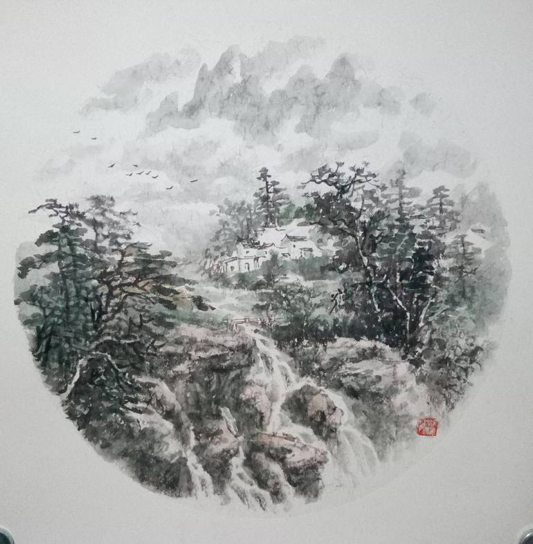 A glimpse of a house in the mountains with streams Drawing by Feilong ...