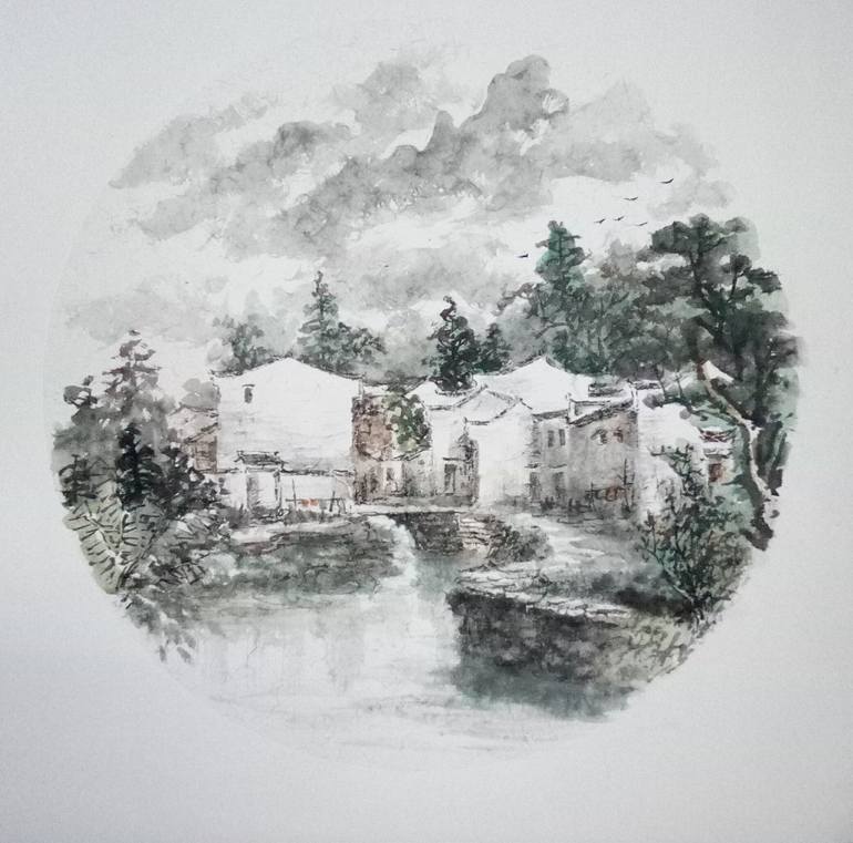 A quiet village in the mountains Drawing by Feilong Hu | Saatchi Art