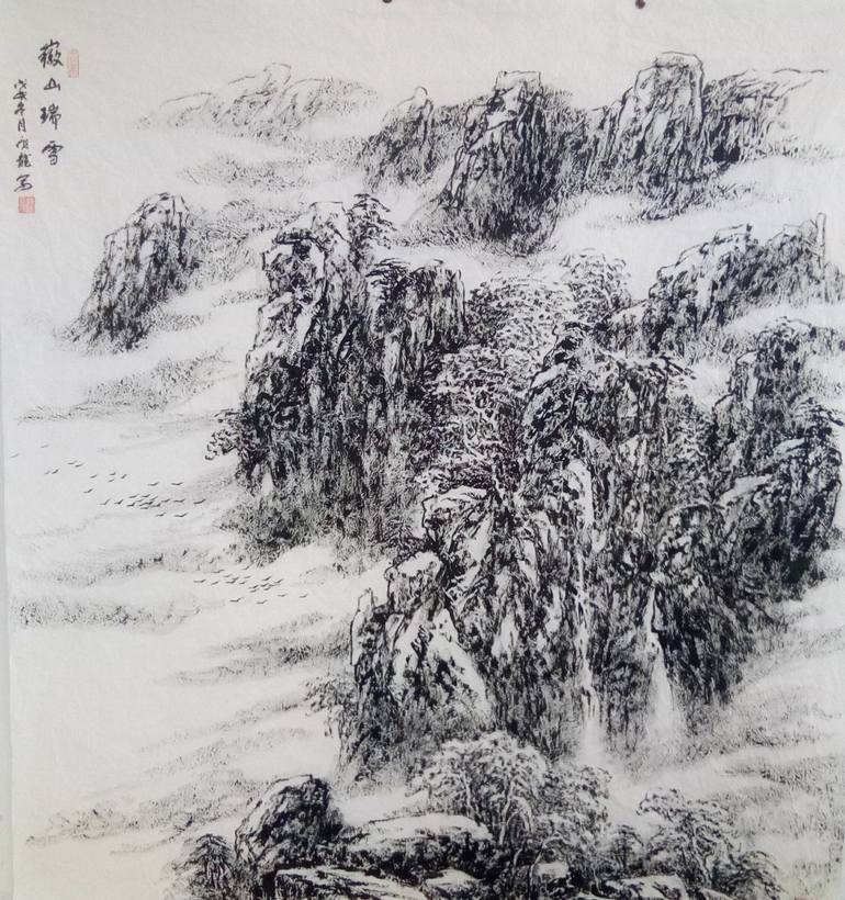The first snow in the Huizhou mountains Drawing by Feilong Hu | Saatchi Art