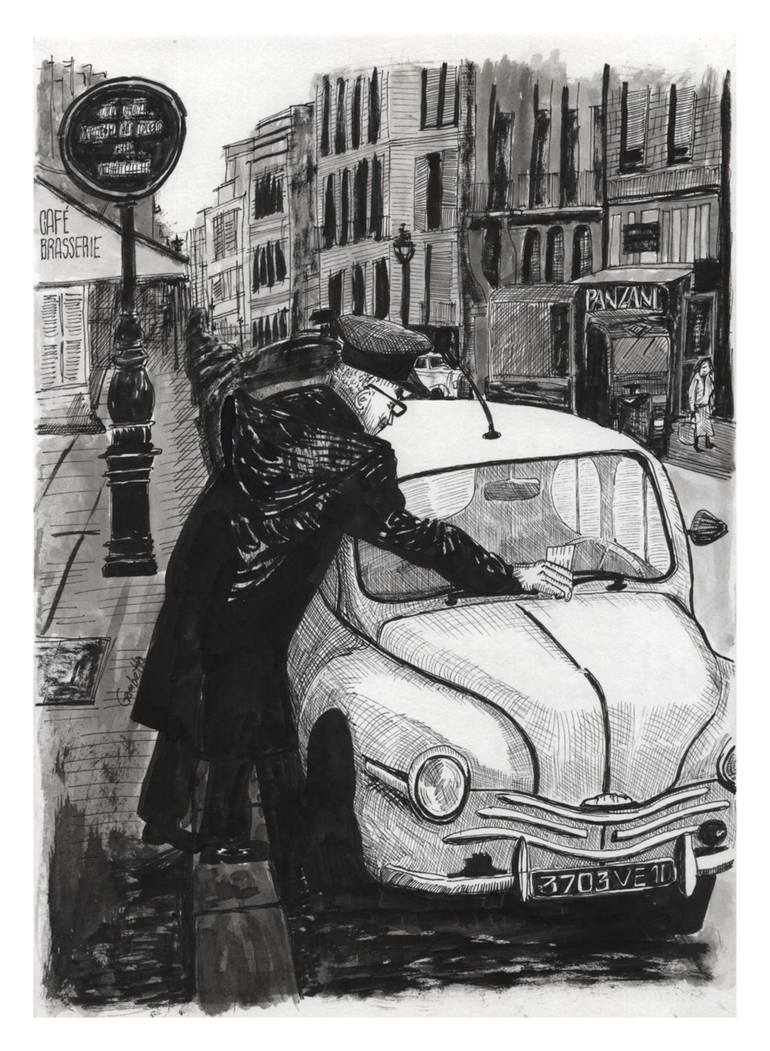 Café et voiture mal garée. Drawing by MJ Gambetta | Saatchi Art