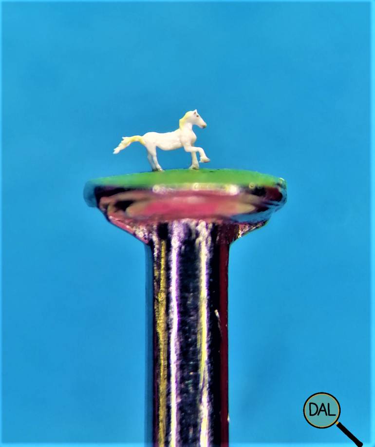 Miniature Horse micro art stood on the top of a pin, plus microscope ...
