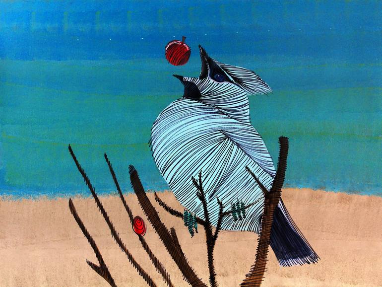 Bird Eating A Berry By ArtGuru 9267A - Acrylic On Paper Painting by ...