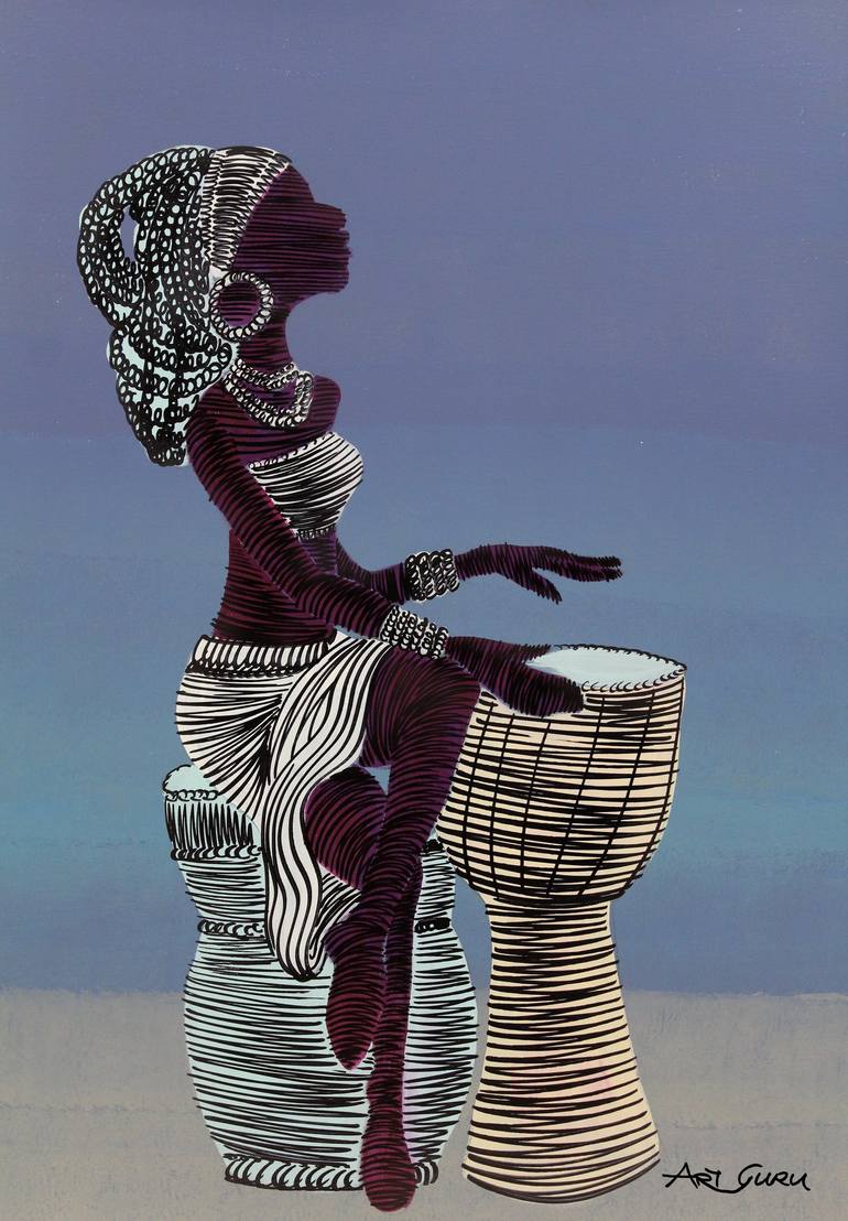 African Woman Playing Djembe By ArtGuru 9515A - Acrylic On Canvas ...
