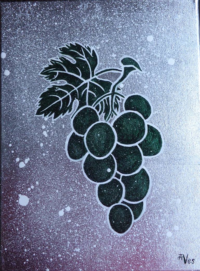Late green grapes on silver background Painting by Veska Peeva ...