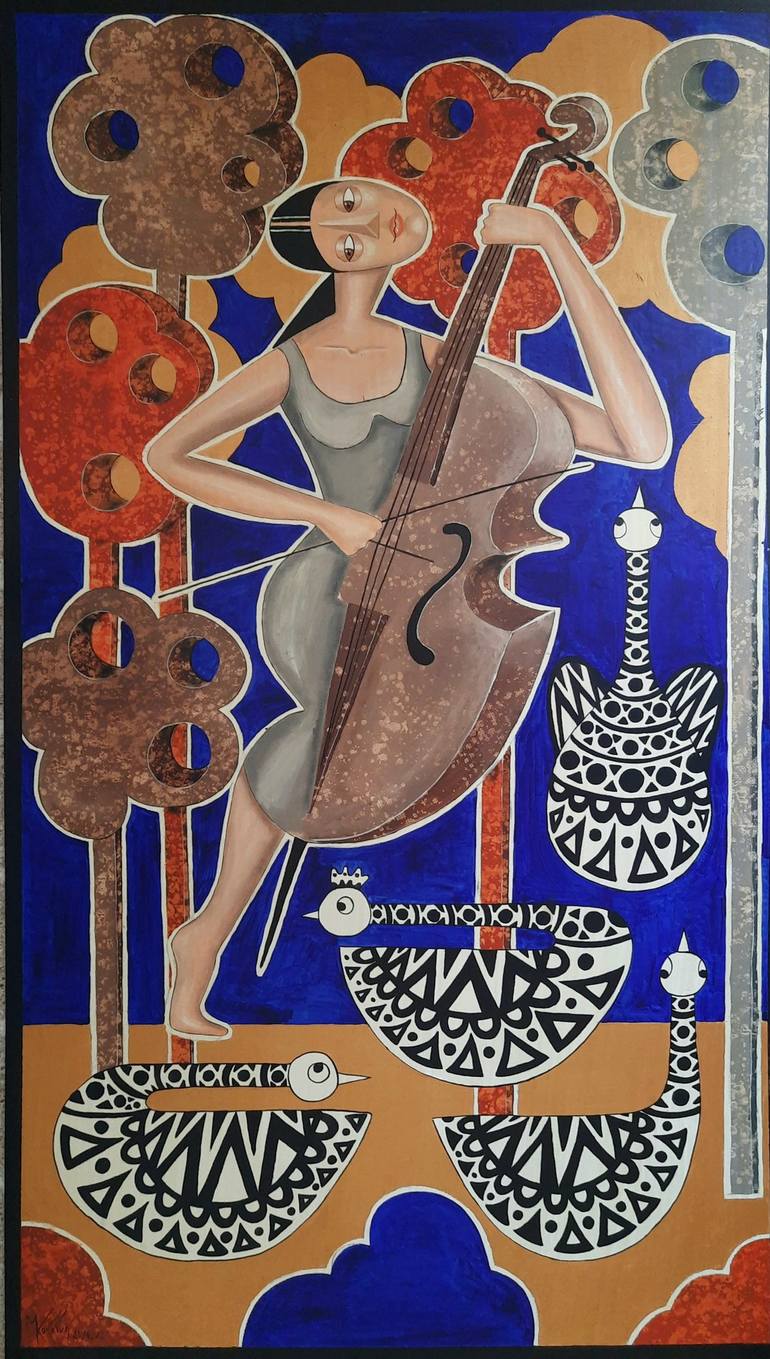 Woman with a chelo Painting by Maria Kokkini | Saatchi Art