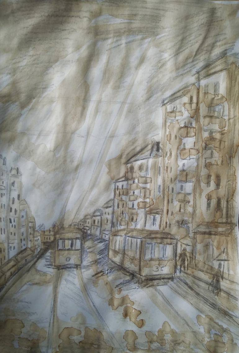 Trams in Sofia - pencil and coffee Drawing by Borqna Boko | Saatchi Art