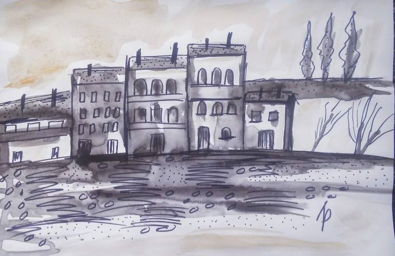 Landscape in village Drawing by Borqna Boko | Saatchi Art