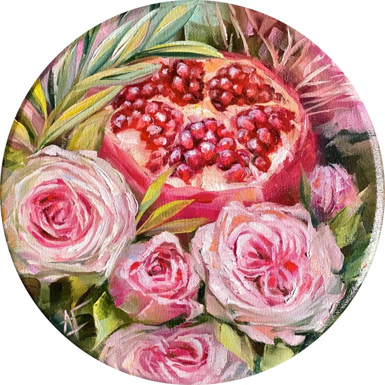 Pomegranate and roses original small round painting on canvas. Red ...