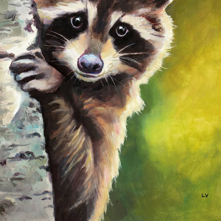 Cute baby racoon on a trunk Painting by Lucia Verdejo | Saatchi Art