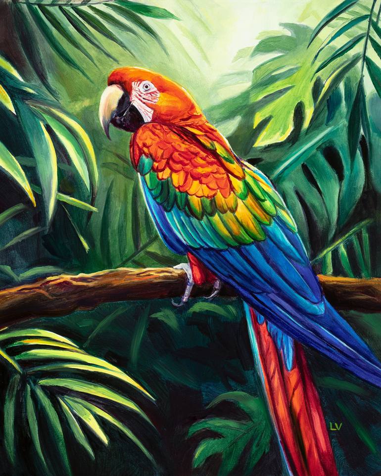 Scarlet macaw parrot in the jungle Painting by Lucia Verdejo | Saatchi Art