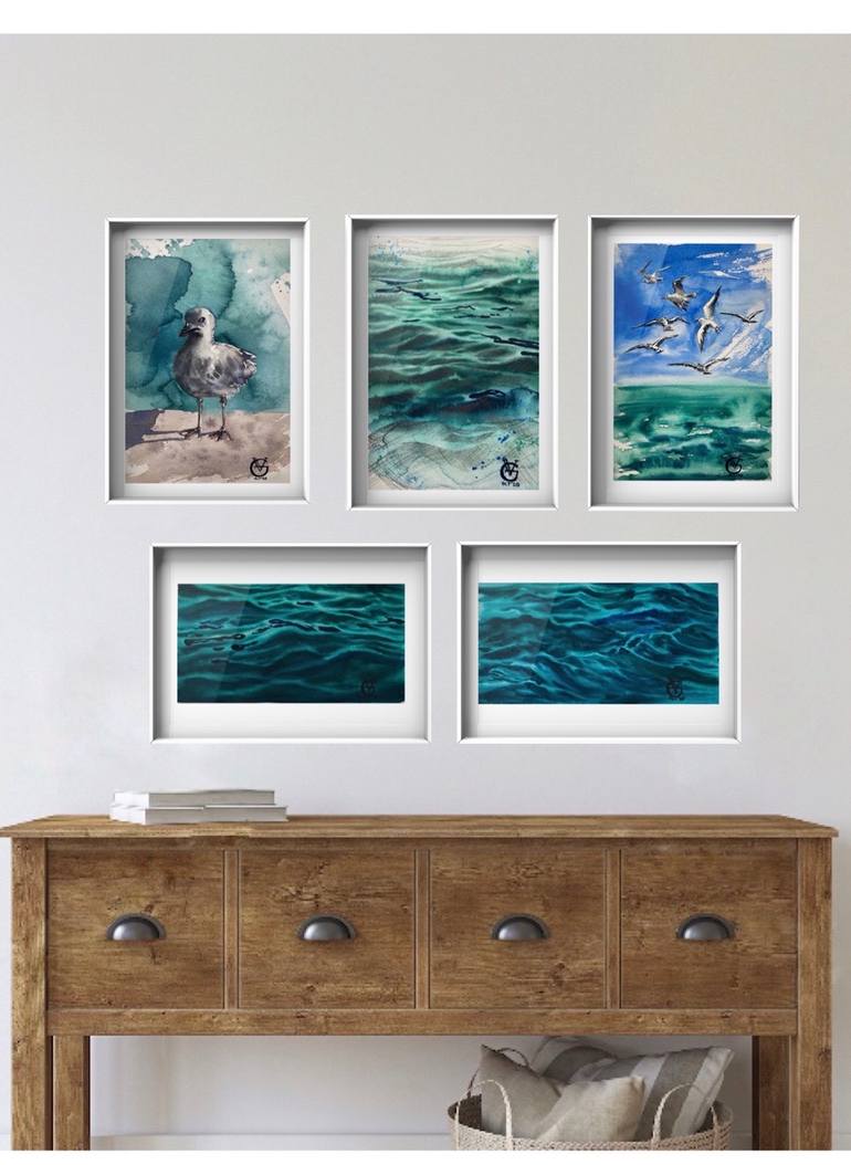 SEA COLLAGE 2 - original watercolor painting green sea water deep ocean ...
