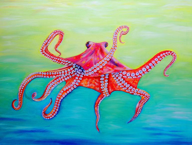 'Red Octopus' Painting by Elizabeth Sadler | Saatchi Art