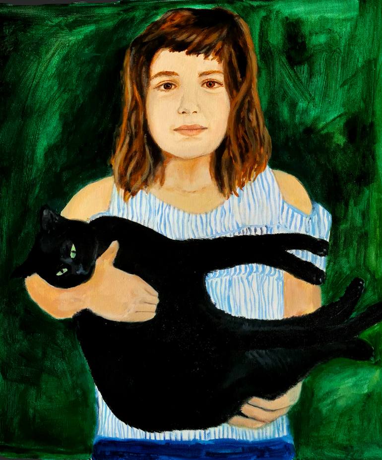 A GIRL WITH A CAT Painting by Anat Or Magal | Saatchi Art