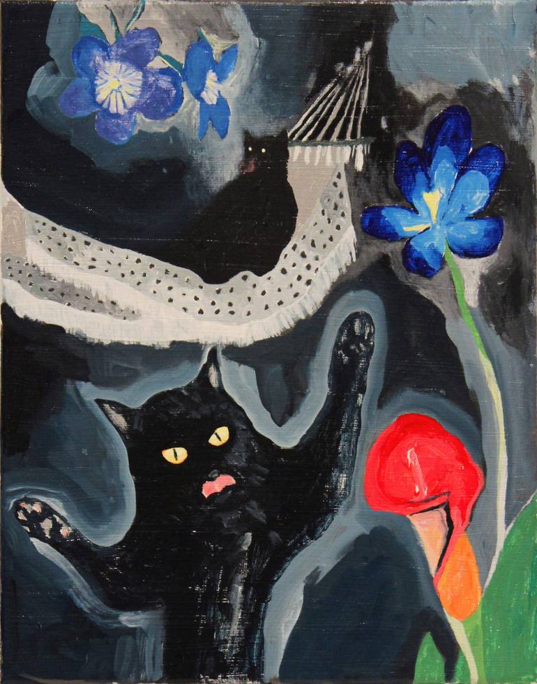 Bear, Cat, and Flowers in Darkness Painting by Finley Mills | Saatchi Art
