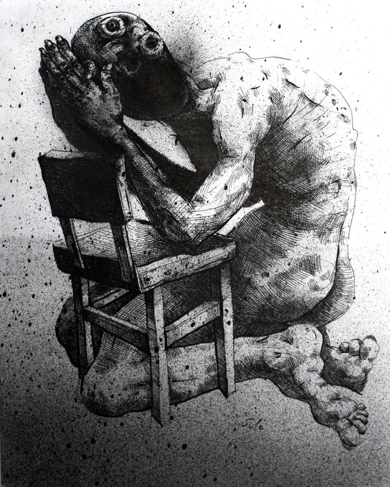 kneeling allien Drawing by Peter Sulo | Saatchi Art