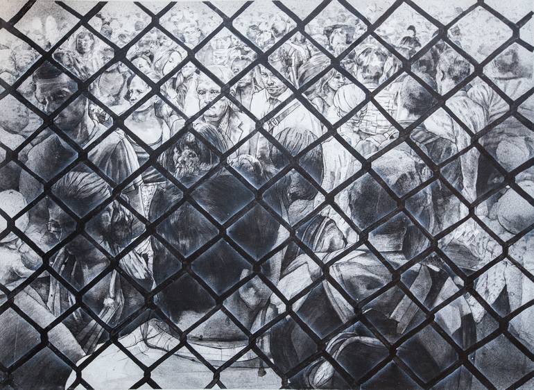 crowd behind the fence Drawing by Peter Sulo | Saatchi Art