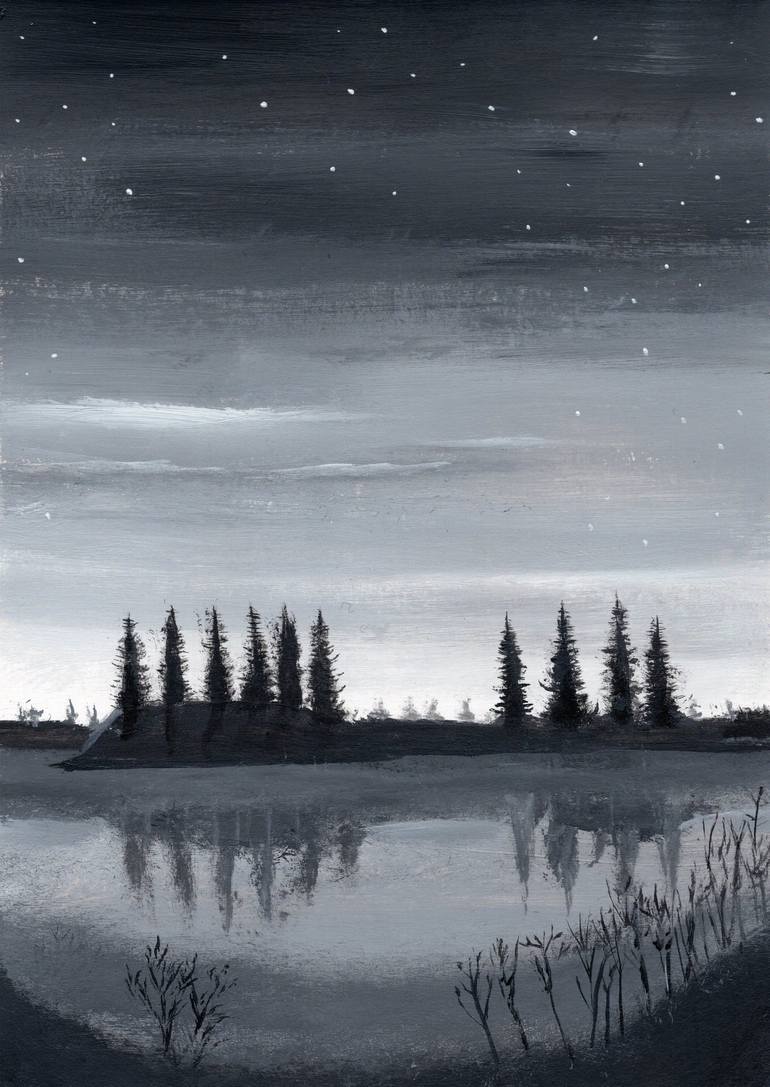 Stars and lake at dusk Painting by Christopher Gee | Saatchi Art