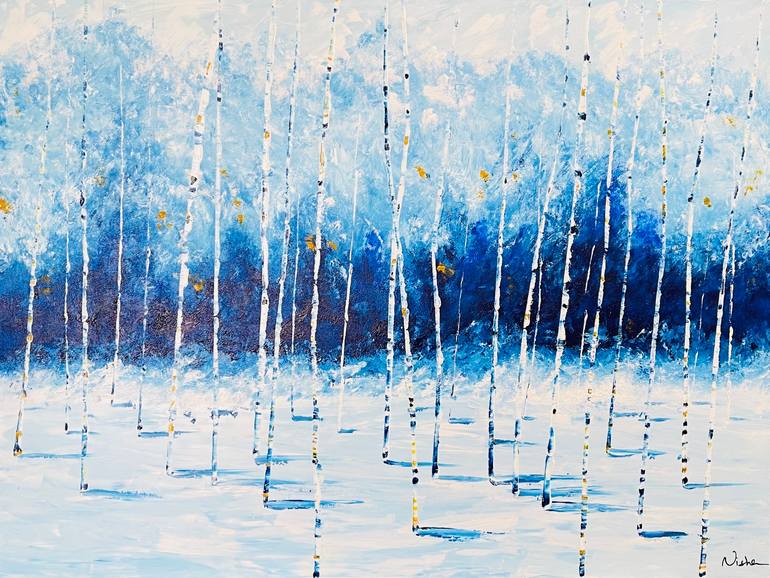 Blue Winters - contemporary aspen tree painting Painting by Nisha Ghela ...