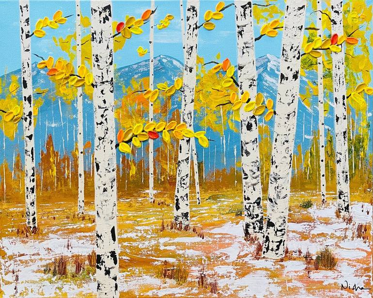 Aspen Tree - First Snow with Dried Grass Painting by Nisha Ghela ...