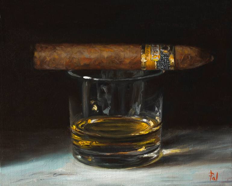 Still Life with Cohiba Cigar and Whiskey Painting by Alexei Pal ...
