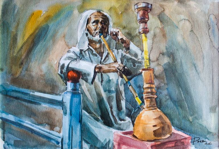 Arab man Smoking Shisha Painting by Prem Chokli | Saatchi Art