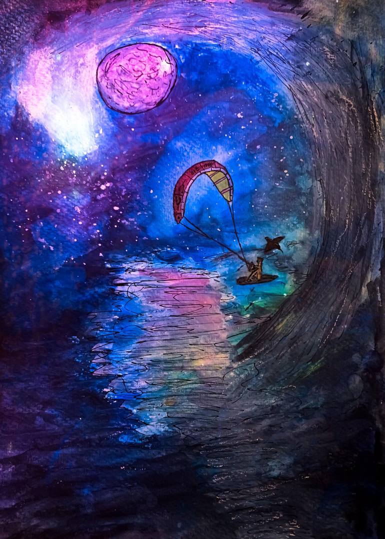 full moon kitesurfing Drawing by Anton Shishkin | Saatchi Art