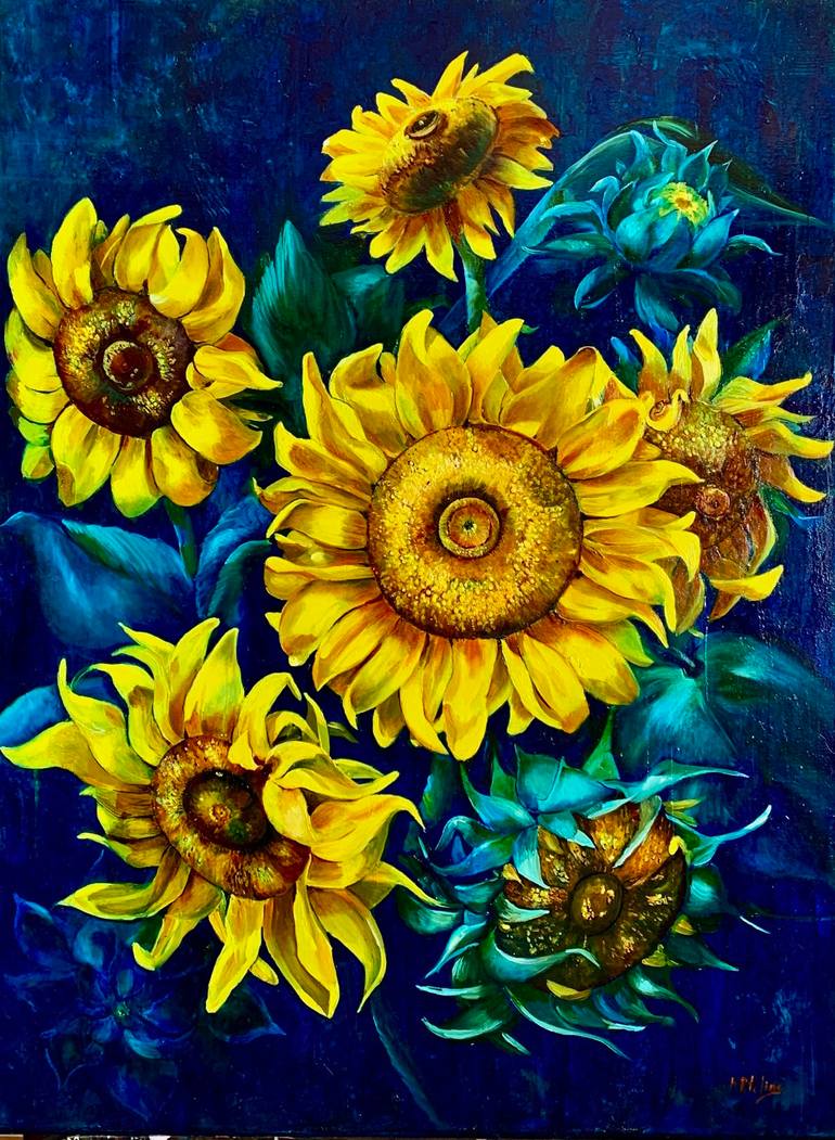 Midnight sunflowers Painting by Maria Petelina | Saatchi Art