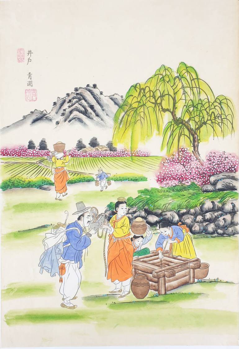 Korea Traditional Spring folk style water painting / Gift for friend ...