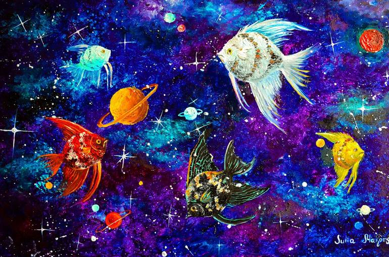 Space fish painting, angel fish in space Painting by julia makors ...