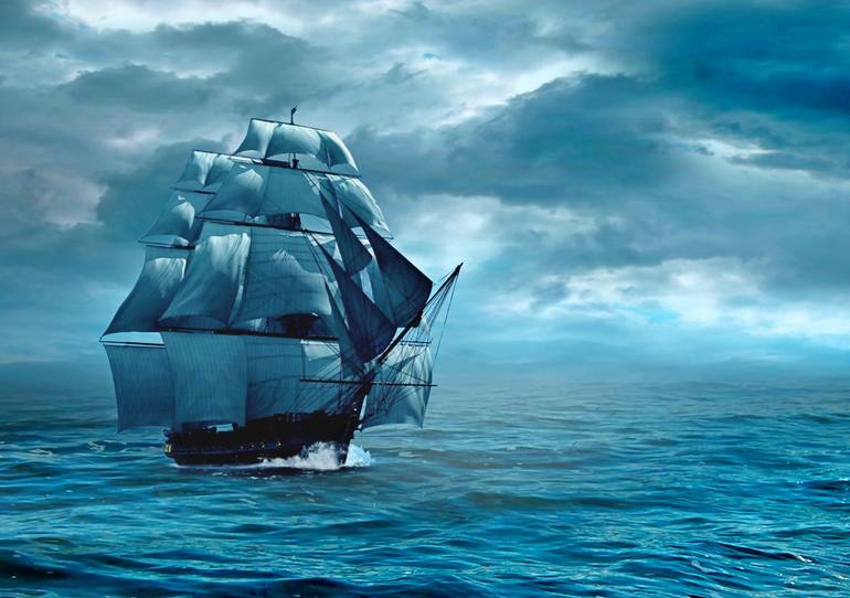 The sailing ship is fighting the waves and storm in the ocean ...