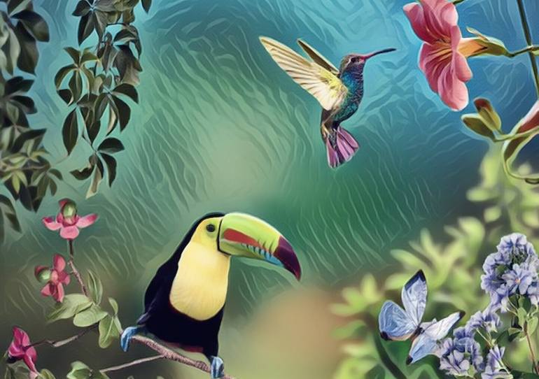 Birds on flowers. Hummingbirds in the tropics. Nature with flowers ...