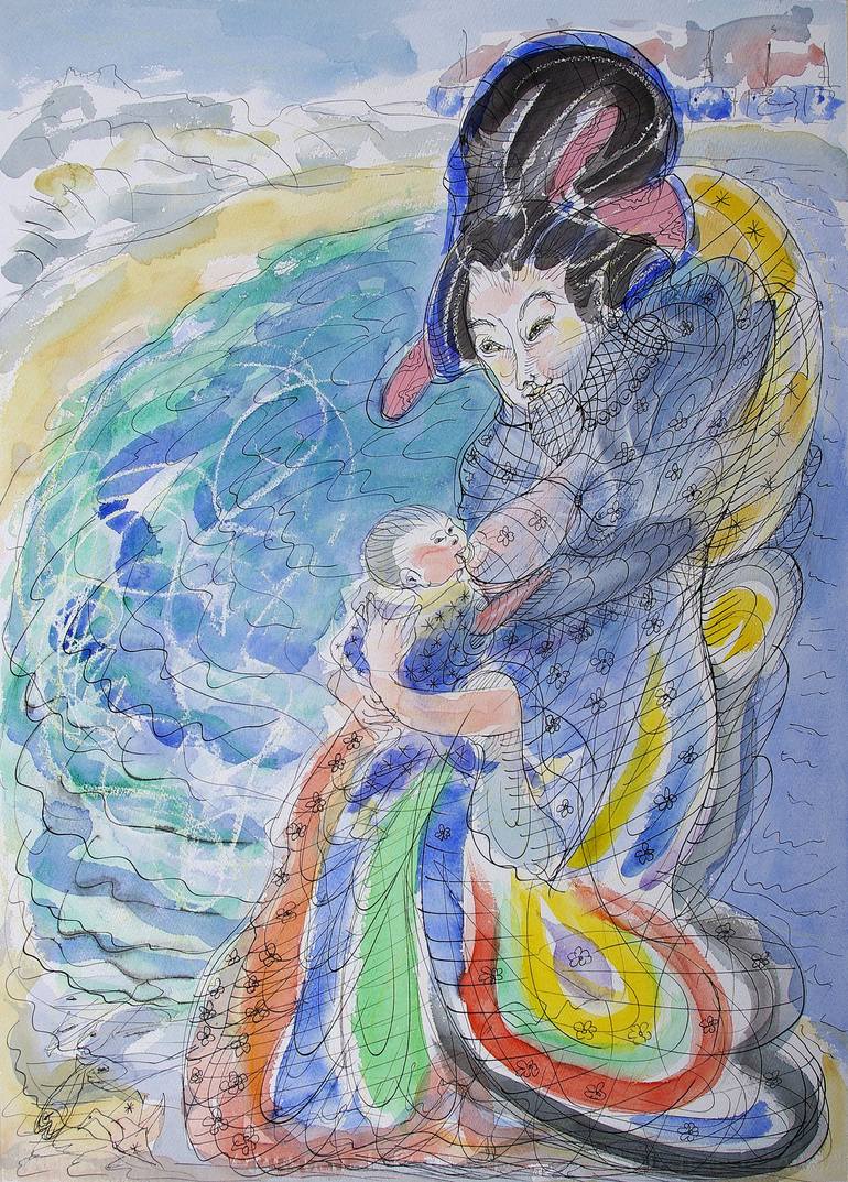 'Mother & Child Fukushima'. (after Kitagawa Utamaro). Drawing by Gerry ...
