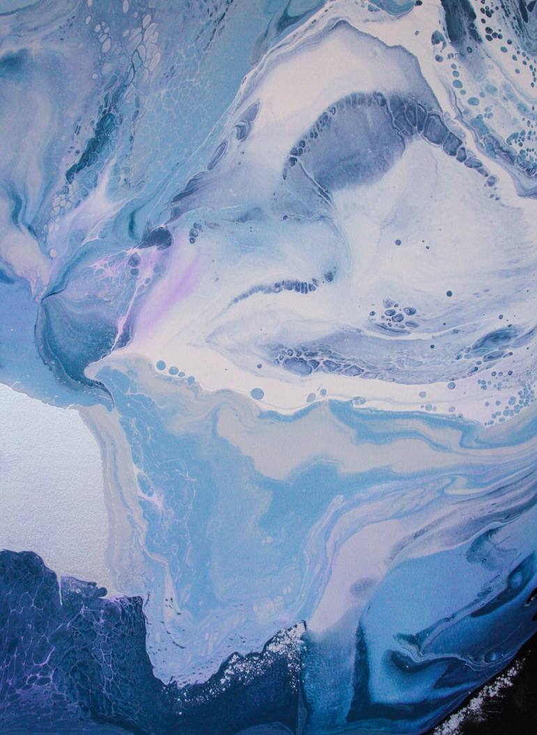 Waves. Triptych 1/ crepe blue abstract flow silver Painting by ...