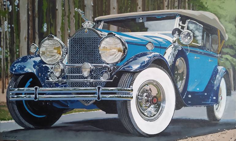 Blue Retro Car Painting by Tengo Tcholokava | Saatchi Art