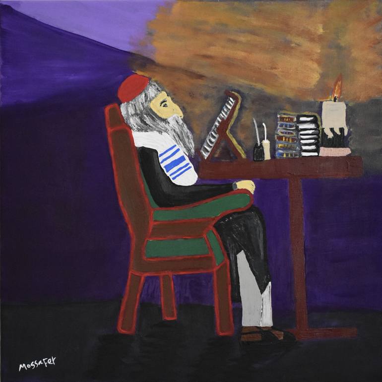 The Rabbi and The Candle Painting by Dodi Mossafer | Saatchi Art