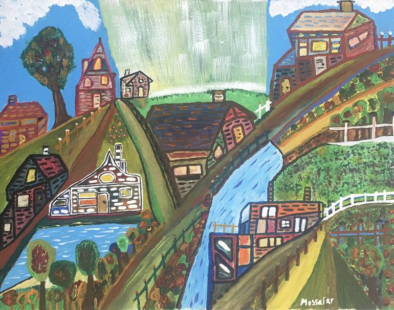 The House by The Waterfalls Painting by Dodi Mossafer | Saatchi Art