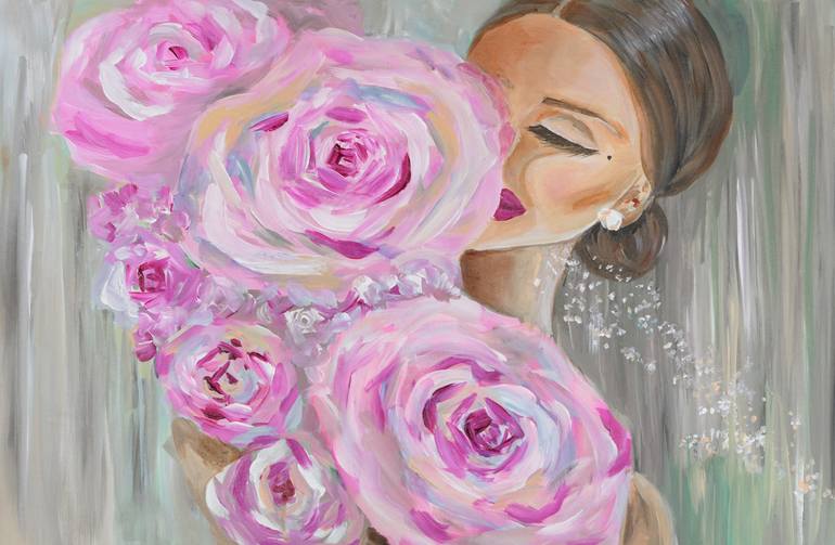 A girl with a floral bouquet of roses Painting by Katrin Gergert ...