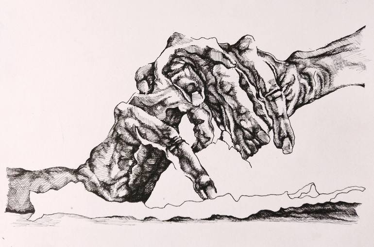 Hands on segments of an orange Drawing by Juan Manuel Figueroa ...