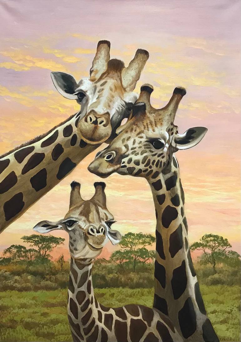 ORIGINAL OIL PAINTING THE GIRAFFE FAMILY - 50X70 CM (2022) Painting by ...