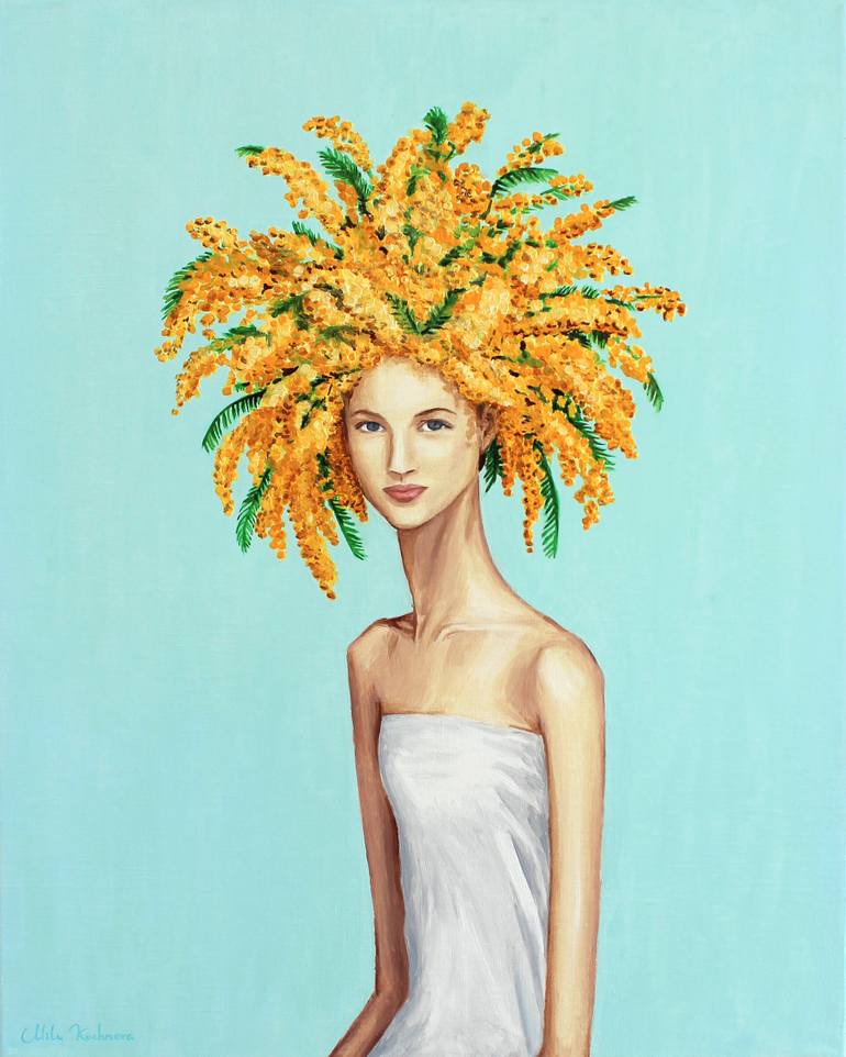 Girl With Mimosa Flowers Painting by Mila Kochneva | Saatchi Art