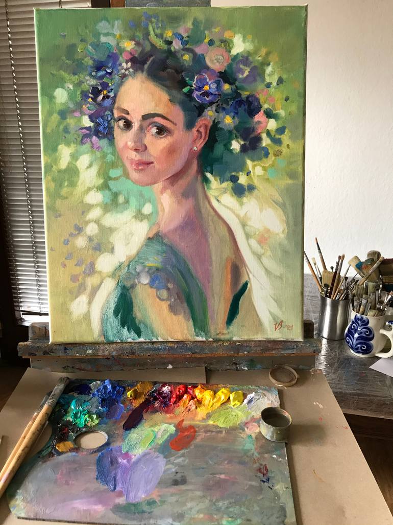 Girl in a wreath of pansies Painting by Katharina Valeeva | Saatchi Art