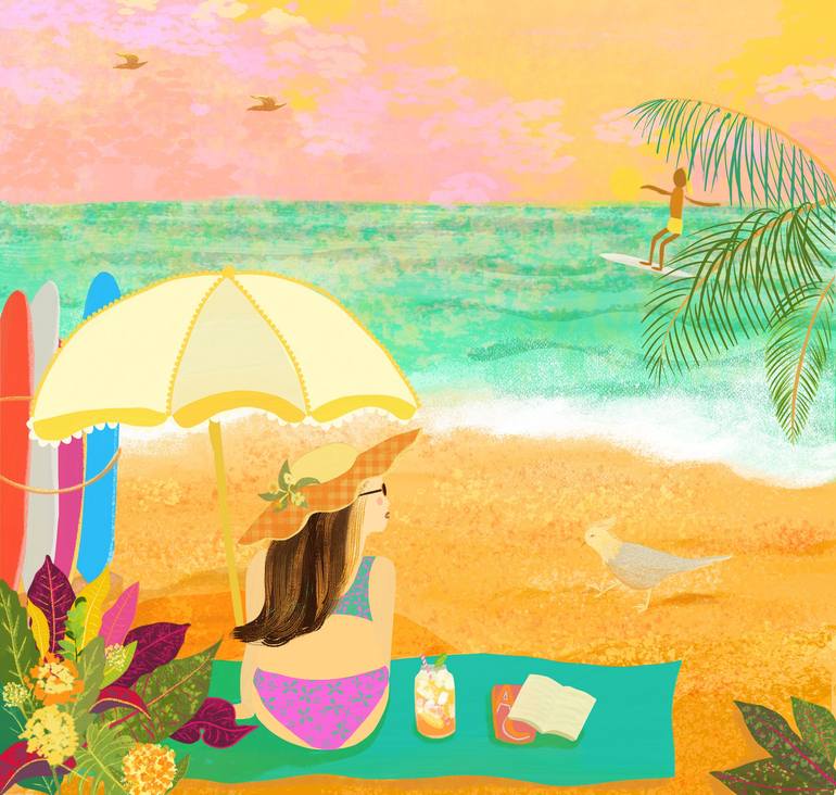 Beach Chiller- Beach Girl Drawing by Wenli Liu | Saatchi Art