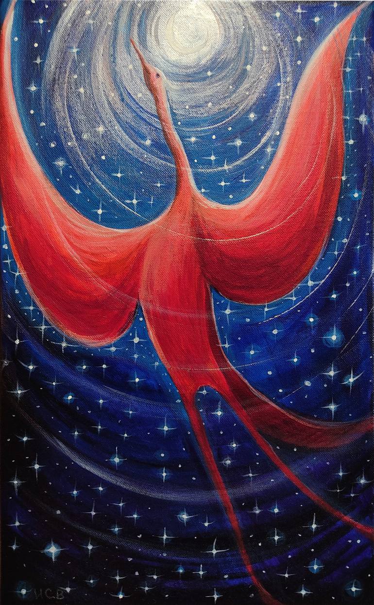 Red Crane Moon Dance Painting by Svetlana Ilina | Saatchi Art