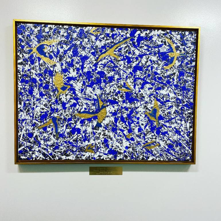 Golden Bluebirds in Flight hanging in an upscale salon, by Herb Vera ...