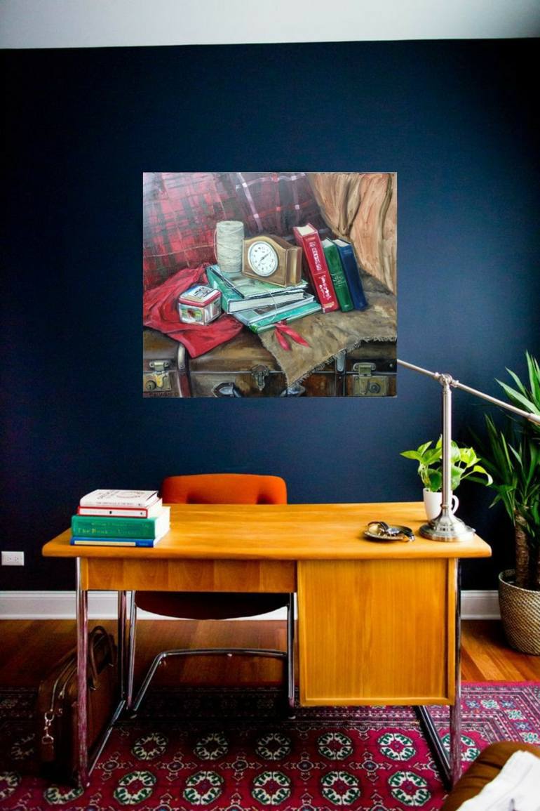 Still life on old suitcase Still life with books and a grand clock oil ...