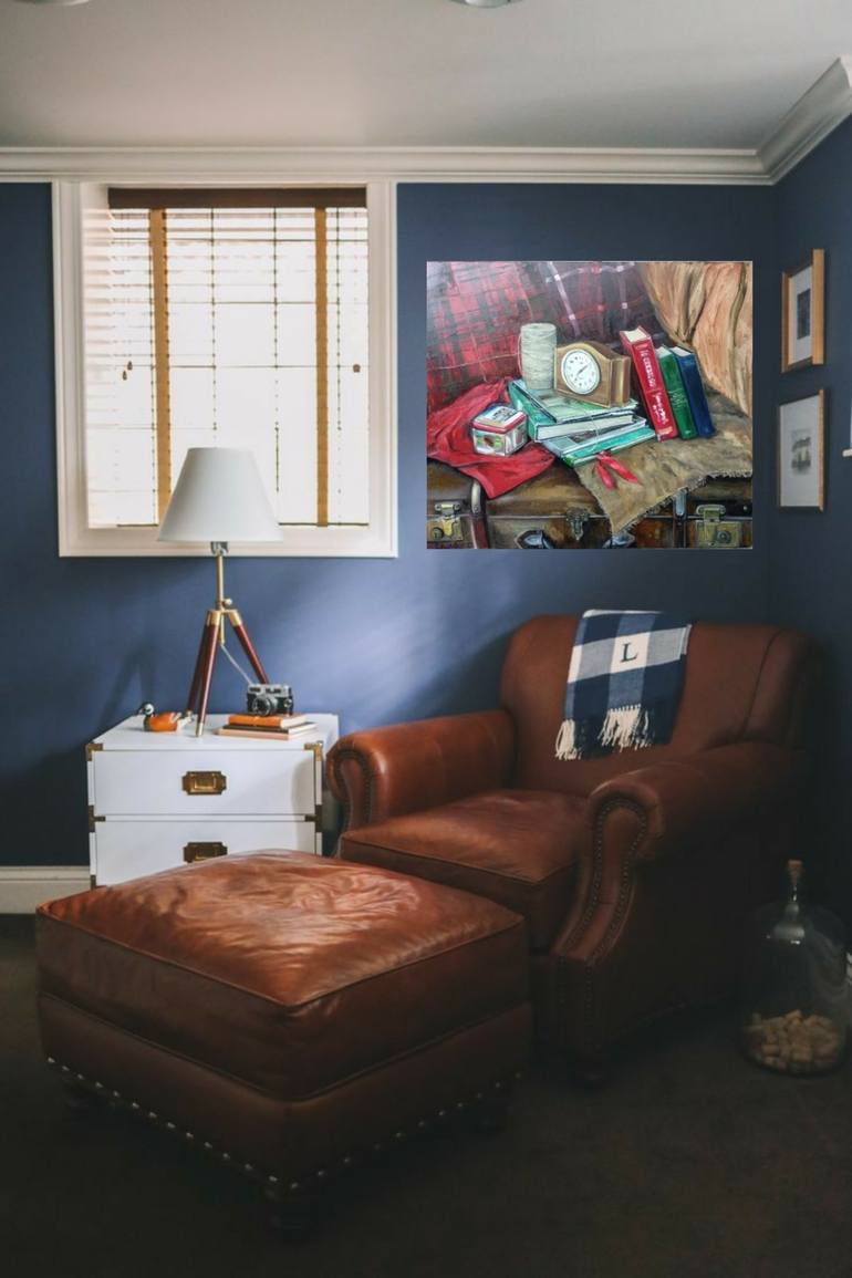 Still life on old suitcase Still life with books and a grand clock oil ...